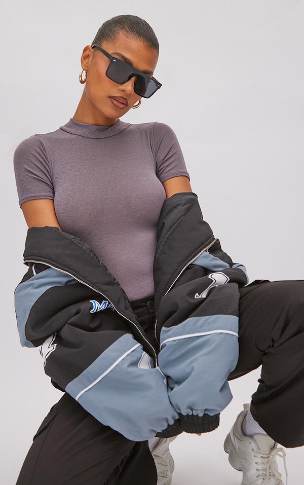 Steel Blue Burnout High Neck Short Sleeve Bodysuit | Tops | PLT