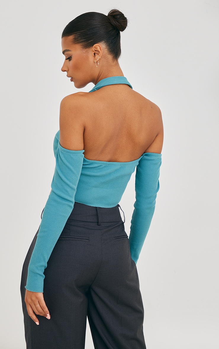 Teal Rib Collar Cold Shoulder Zip Up Crop Top | Tops | PLT USA
