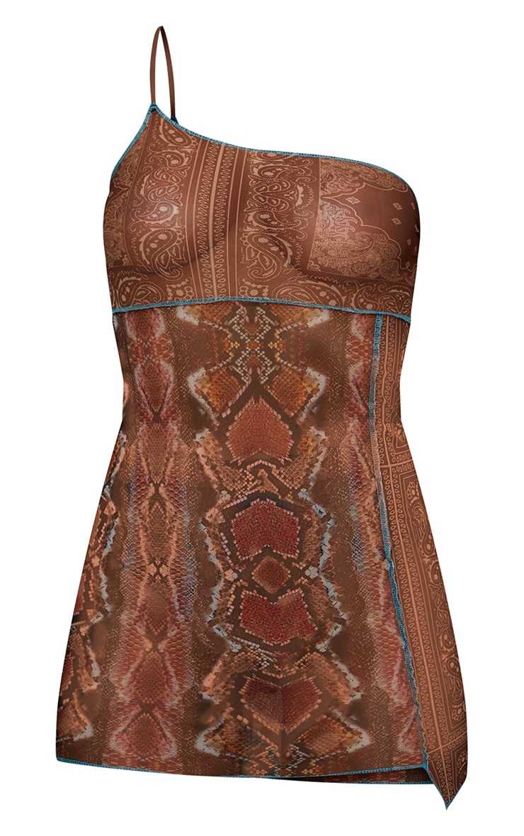 Brown Snake Overlocked Mesh Strappy Bodycon Dress | PrettyLittleThing