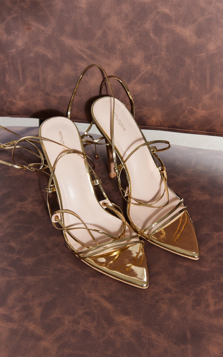 Gold Metallic Strappy Gladiator Point Toe Heels | PrettyLittleThing CA