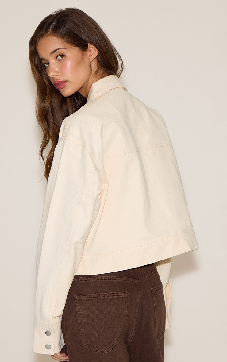 Ecru Covered Placket Cropped Twill Jacket | Denim | PLT