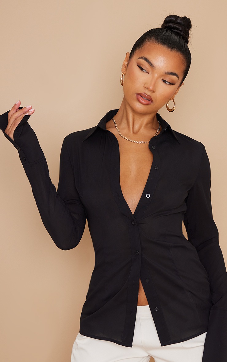 Black Chiffon Fitted Shirt | Tops | PrettyLittleThing