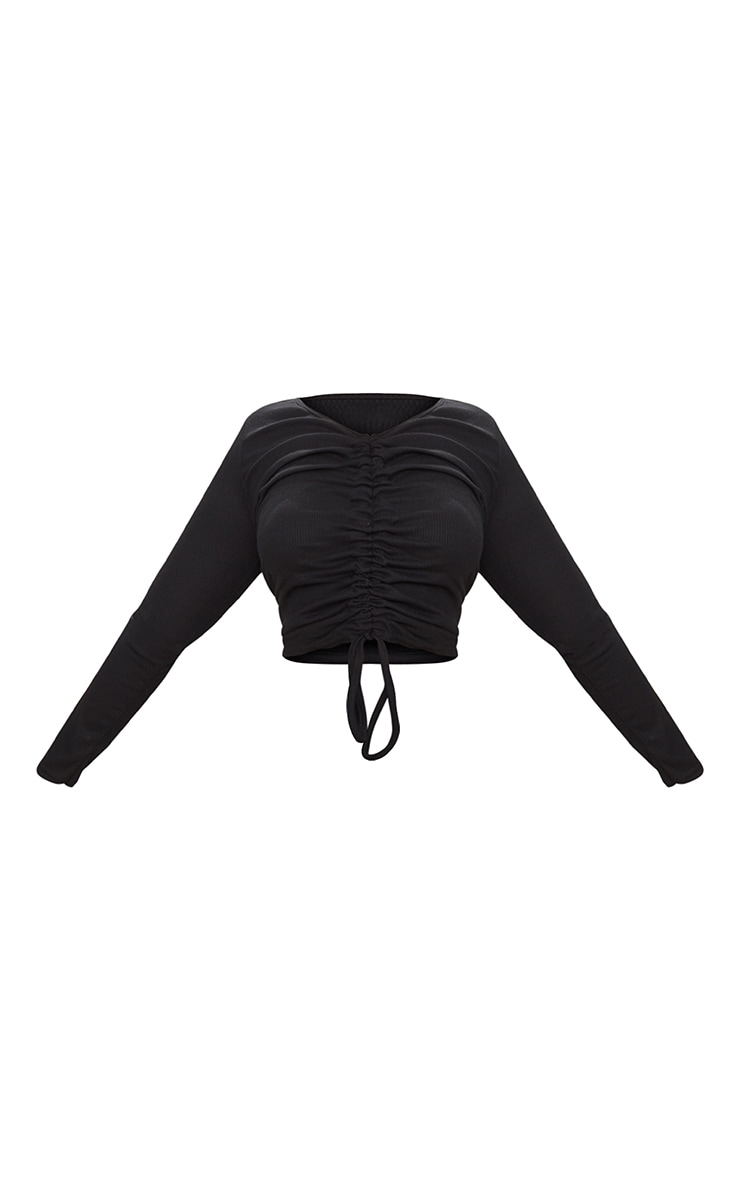 Plus Black Ribbed Ruched Crop Top | Plus Size | PrettyLittleThing USA