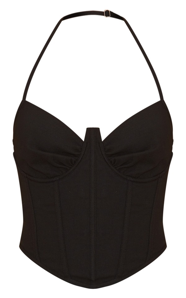 Deep Black Tailored Stretch Woven Halter Corset | Tops | PLT