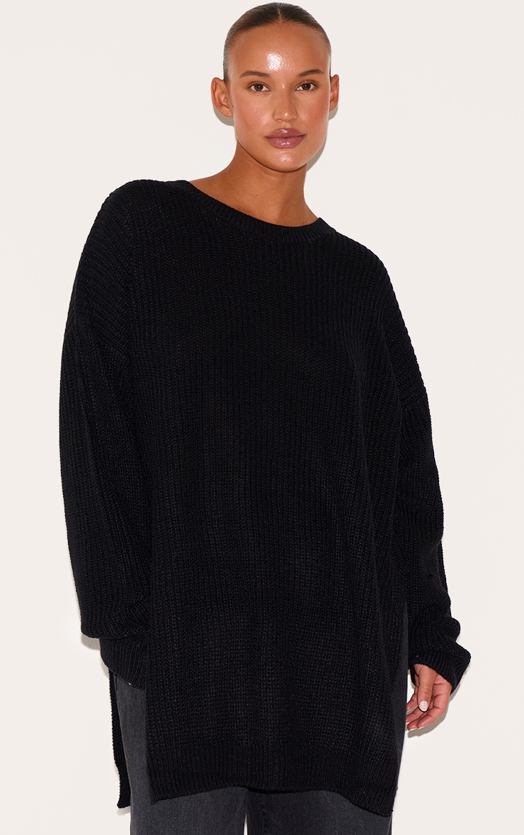 Plus Black Round Neck Side Split Sweater | Plus Size ...