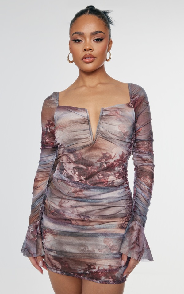 Multi Renaissance Mesh V Bar Ruched Bodycon Dress | Dresses | PLT