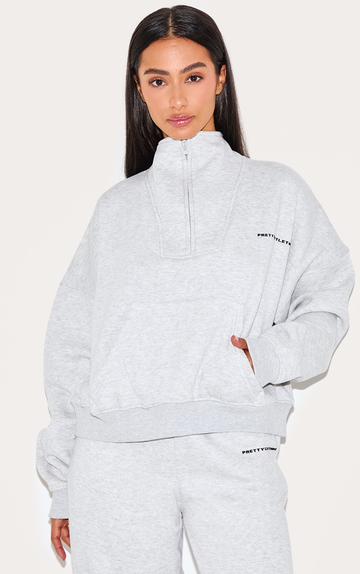PLT Petite Ash Grey Oversized Half Zip Sweatshirt | Petite | PrettyLittleThing USA