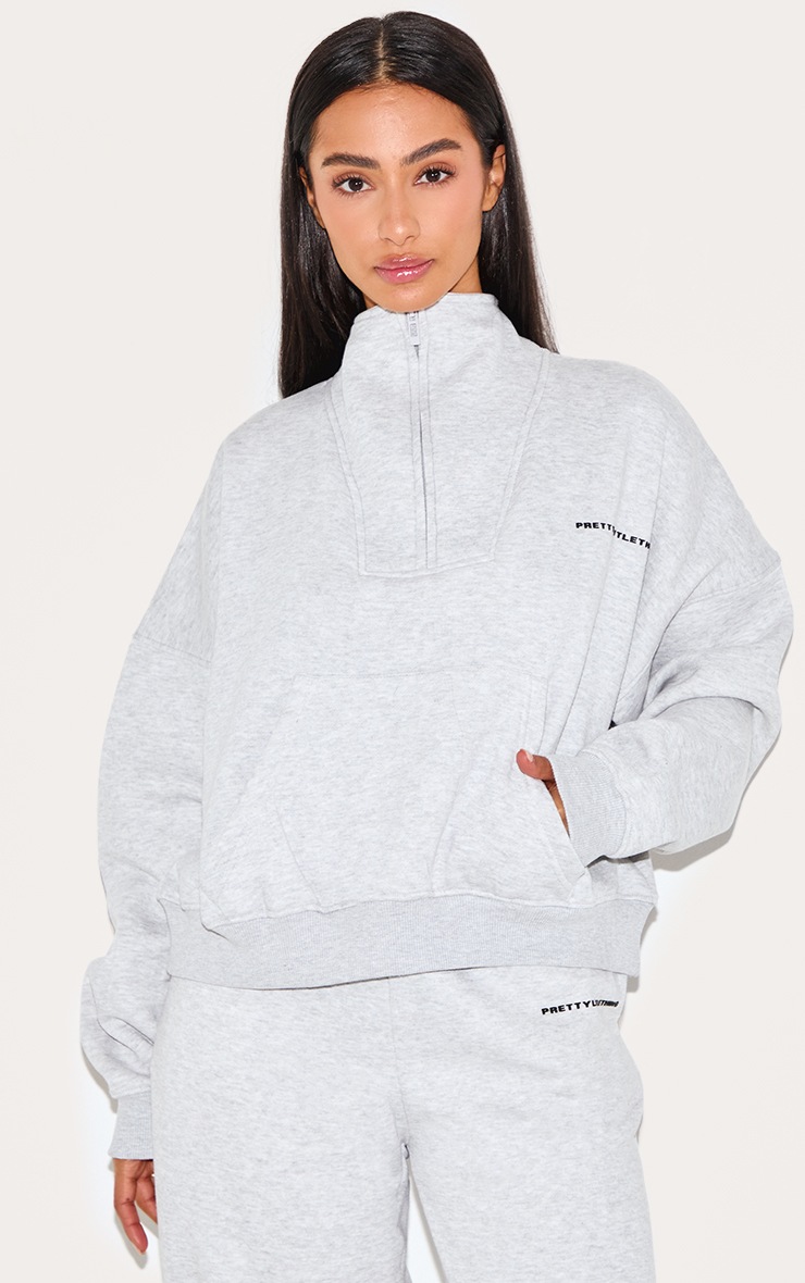 PLT Petite Ash Grey Oversized Half Zip Sweatshirt | Petite | PrettyLittleThing USA