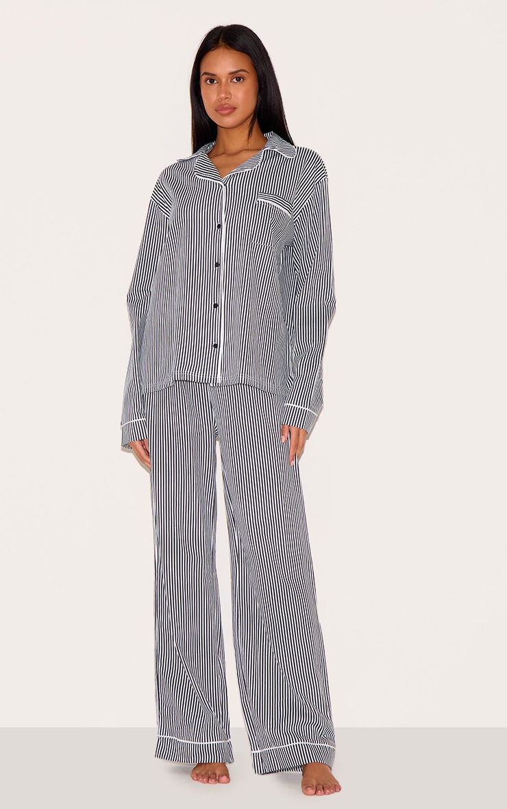 Navy Stripe Print Jersey Piping Detail Long Pj Set | Lingerie ...