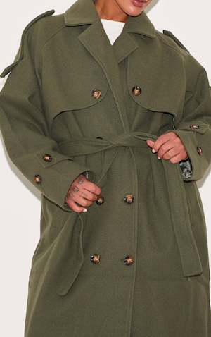 Plus Khaki Double Breasted Military Trim Coat | Plus Size ...