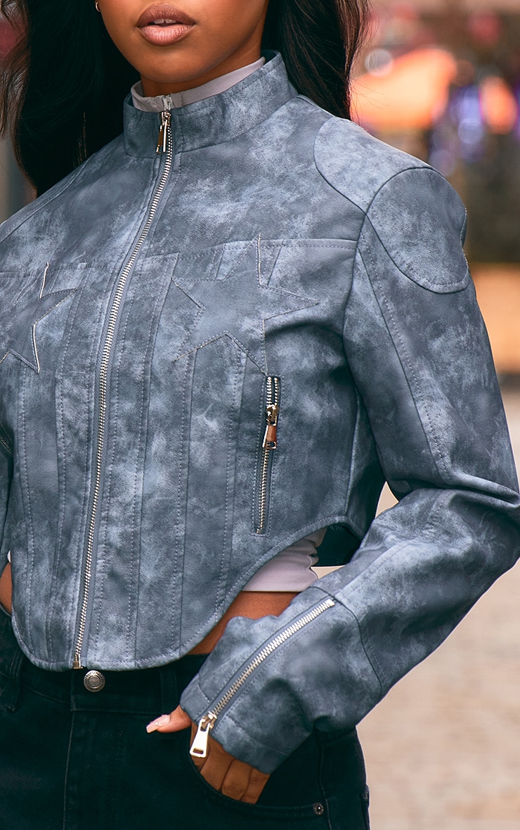 Washed Blue PU Star Embroidery Biker Jacket | Outerwear | PLT