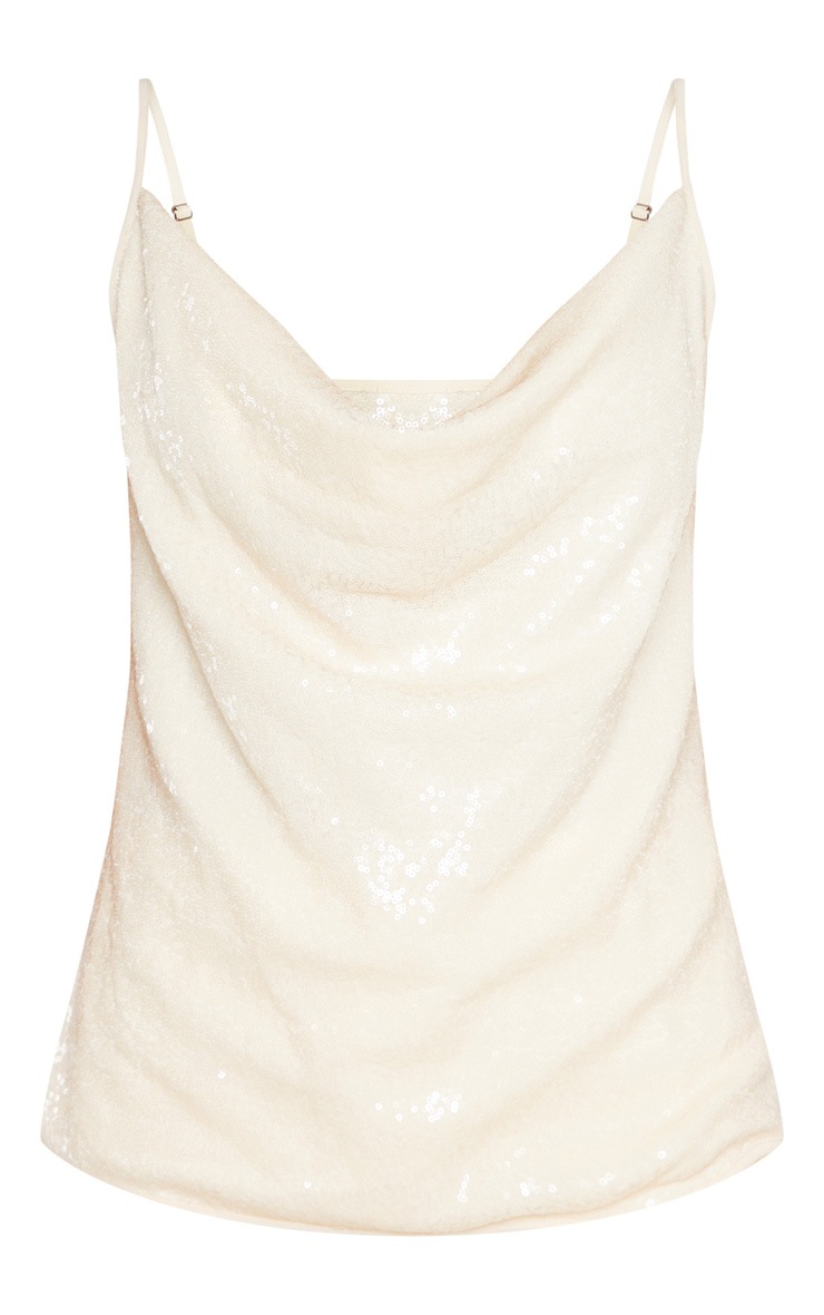 Cream Cowl Neck Sequin Cami | Tops | PLT USA