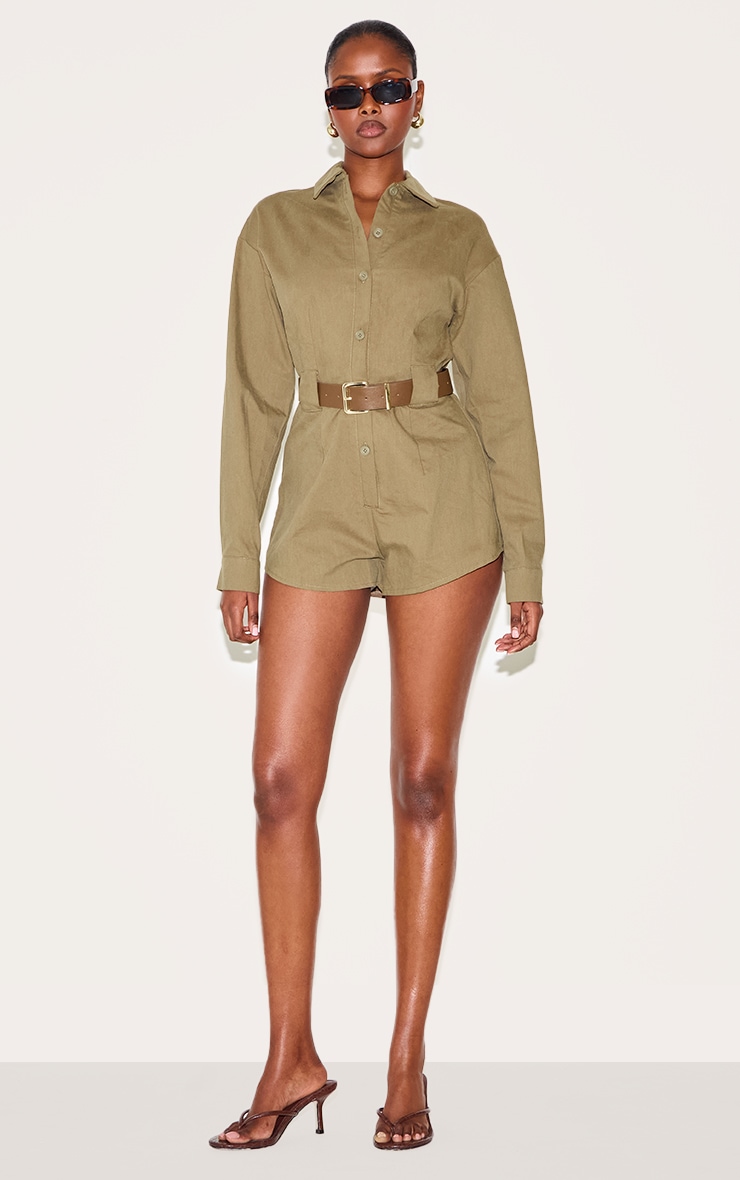 Mushroom Woven Utility Belted Romper | Dresses | PLT USA