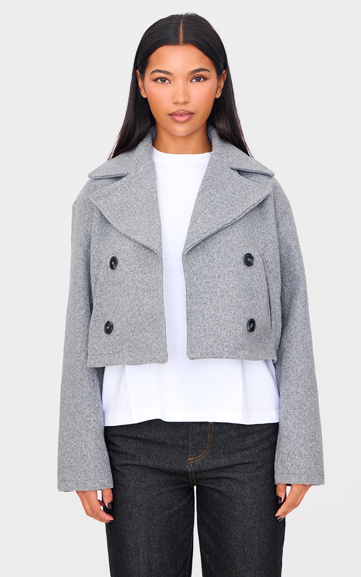 Grey Double Breasted Wool Look Cropped Trench Coat | Outerwear ...