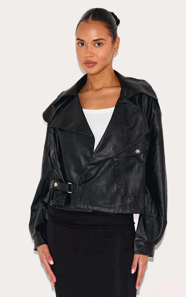 Black Textured Look Faux Leather Biker Jacket | Outerwear | PLT