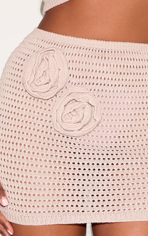 Taupe Flower Applique Crochet Mini Skirt | Knitwear | PLT USA
