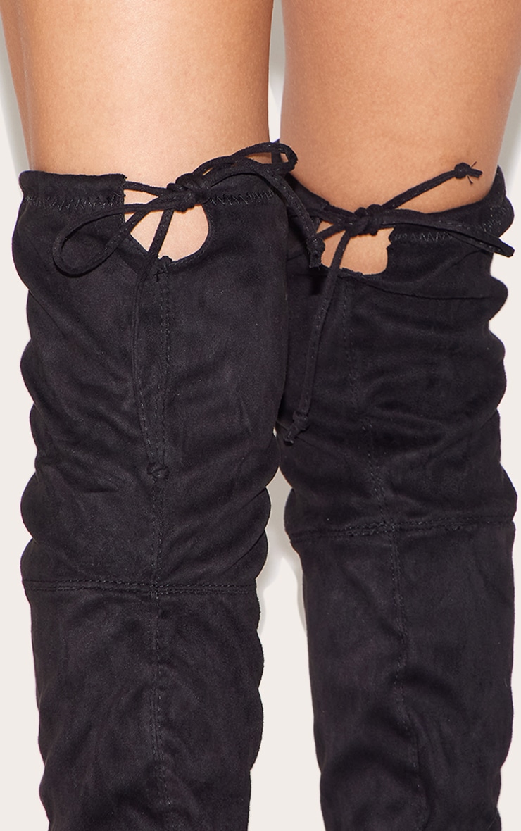 Bess Black Faux Suede Heel Thigh Boots | Footwear | PLT