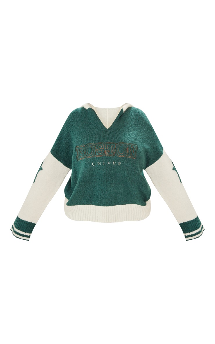 Plus Green Hooded V Neck Varsity Knit Sweater | Plus Size | PLT USA