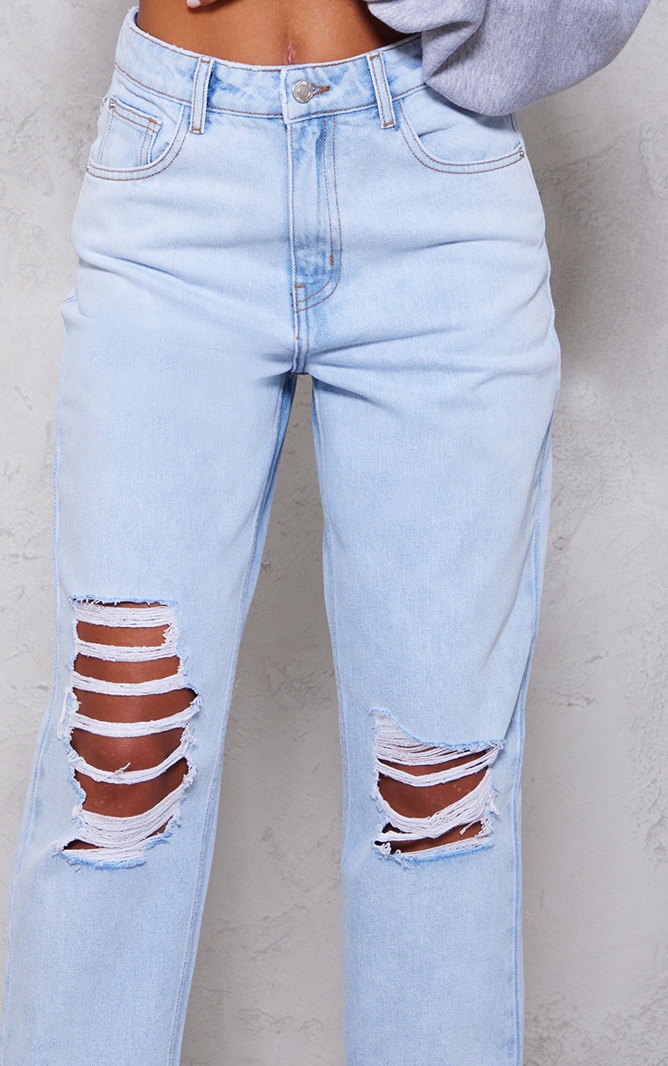 Plt Light Blue Wash Rip Hem Knee Rip Mom Jeans | PrettyLittleThing USA