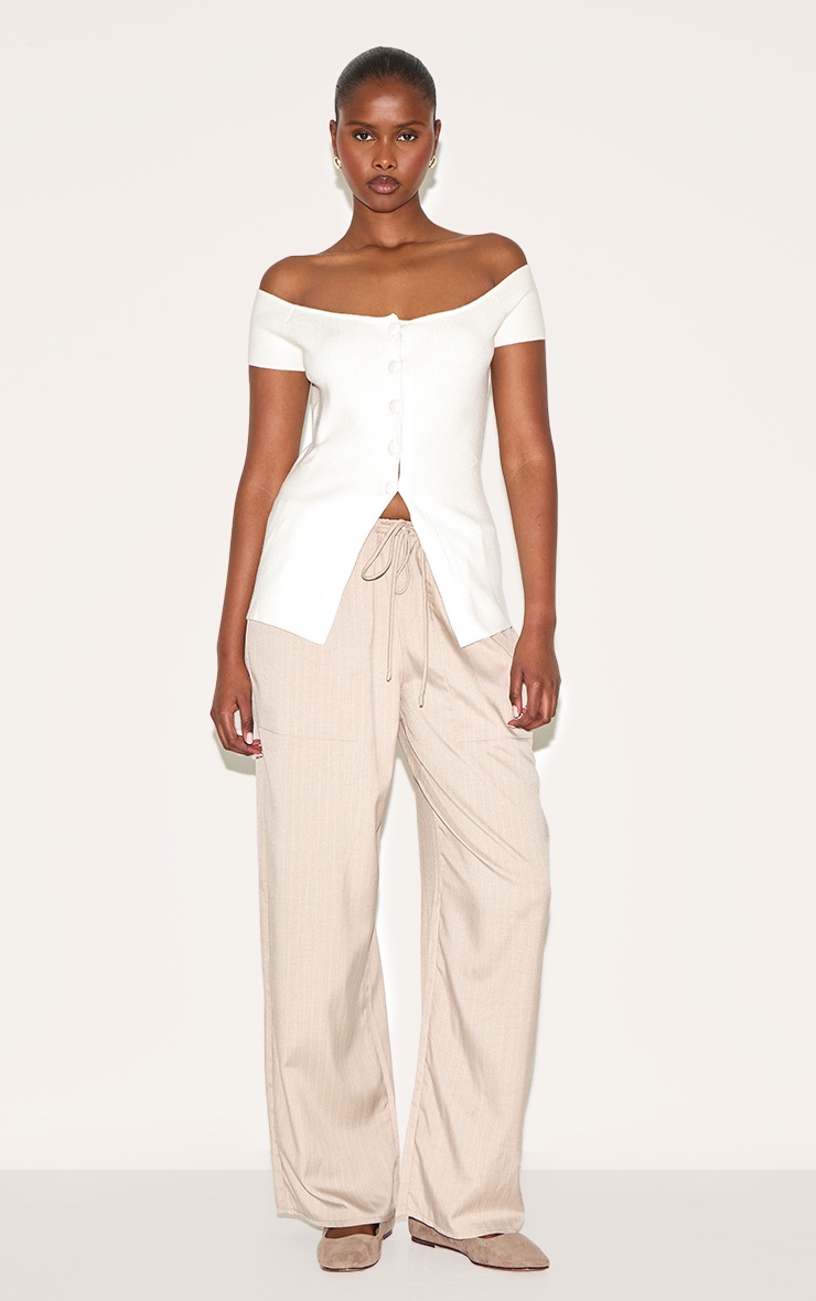 Ecru Rib Knit Button Up Bardot Split Hem Top | Knitwear | PLT