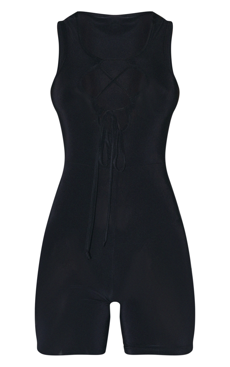 Black Slinky Lace Up Detail Unitard | PrettyLittleThing