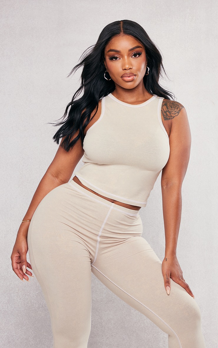 Shape Stone Washed Contrast Seam Racer Top | Shape | PrettyLittleThing USA