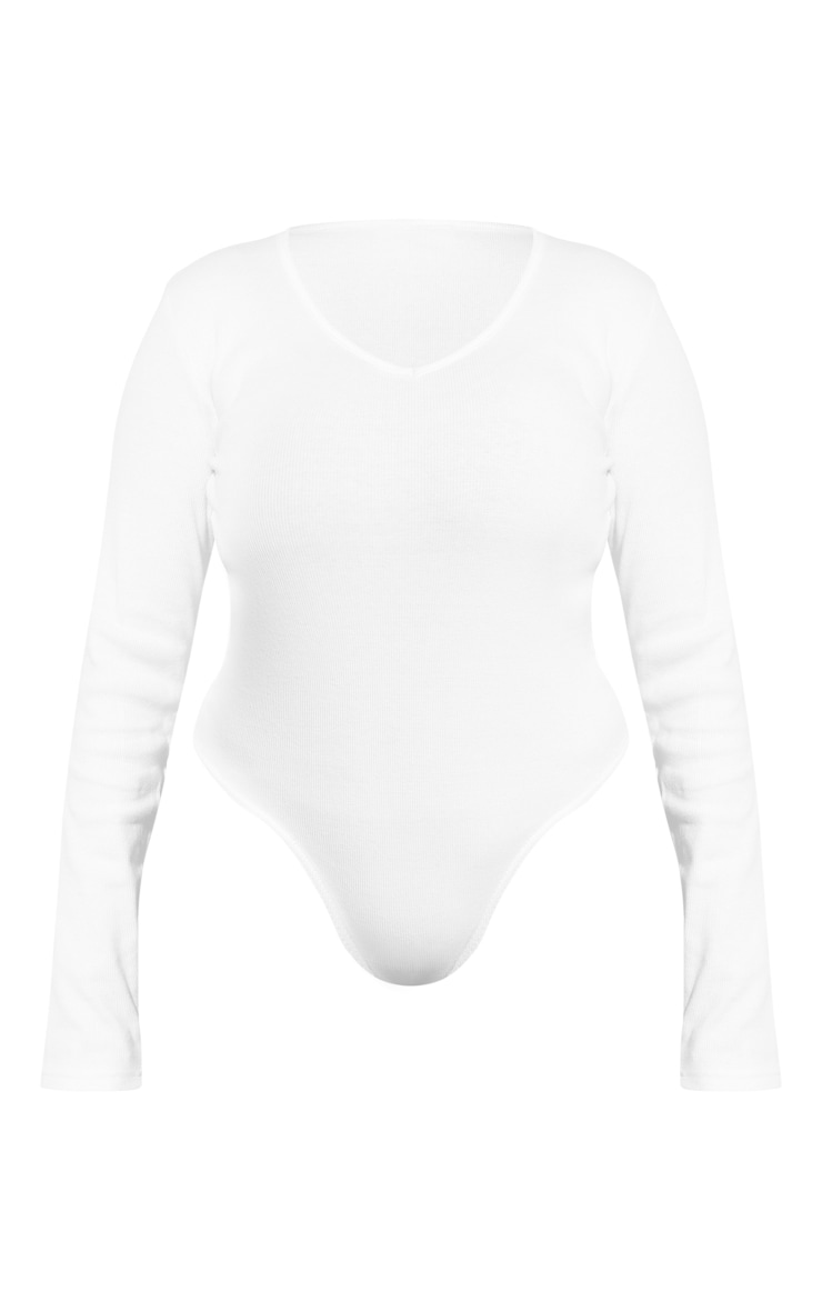 Plus White Basic Rib V Neck Long Sleeve Bodysuit | Plus Size | PrettyLittleThing