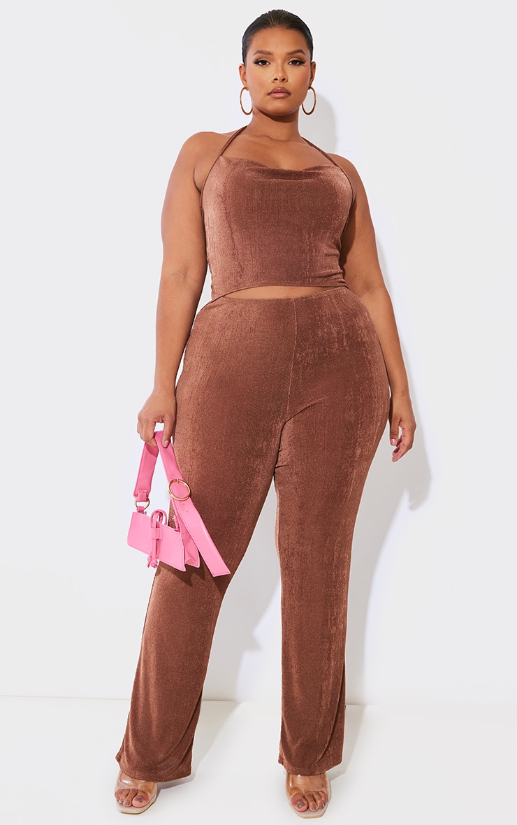 Plus Chocolate Acetate Cowl Neck Cut Out Jumpsuit | Plus Size | PrettyLittleThing USA