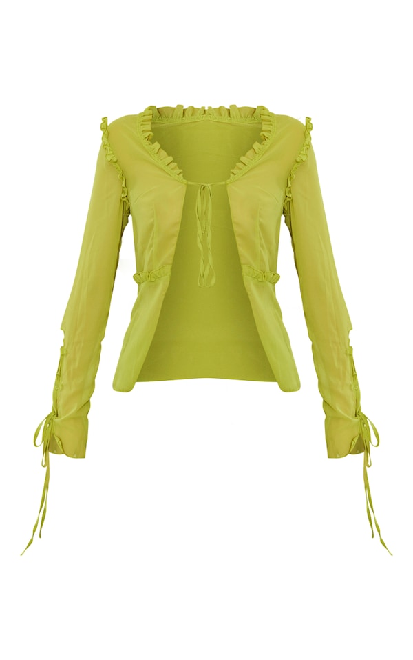 Tall Lime Mesh Frilled Tie Front Blouse | Tall | PrettyLittleThing AUS