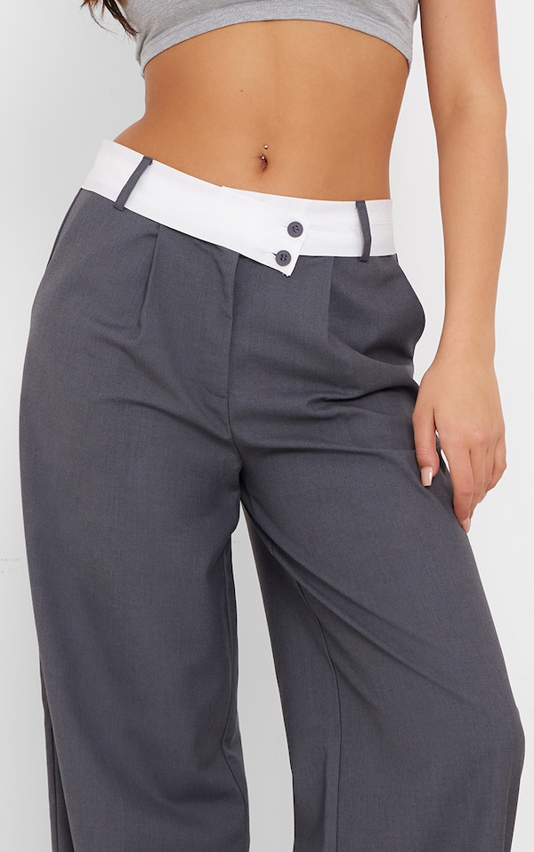 Charcoal Fold Over Asymmetric Waistband Tailored Pants | Bottoms | PLT USA