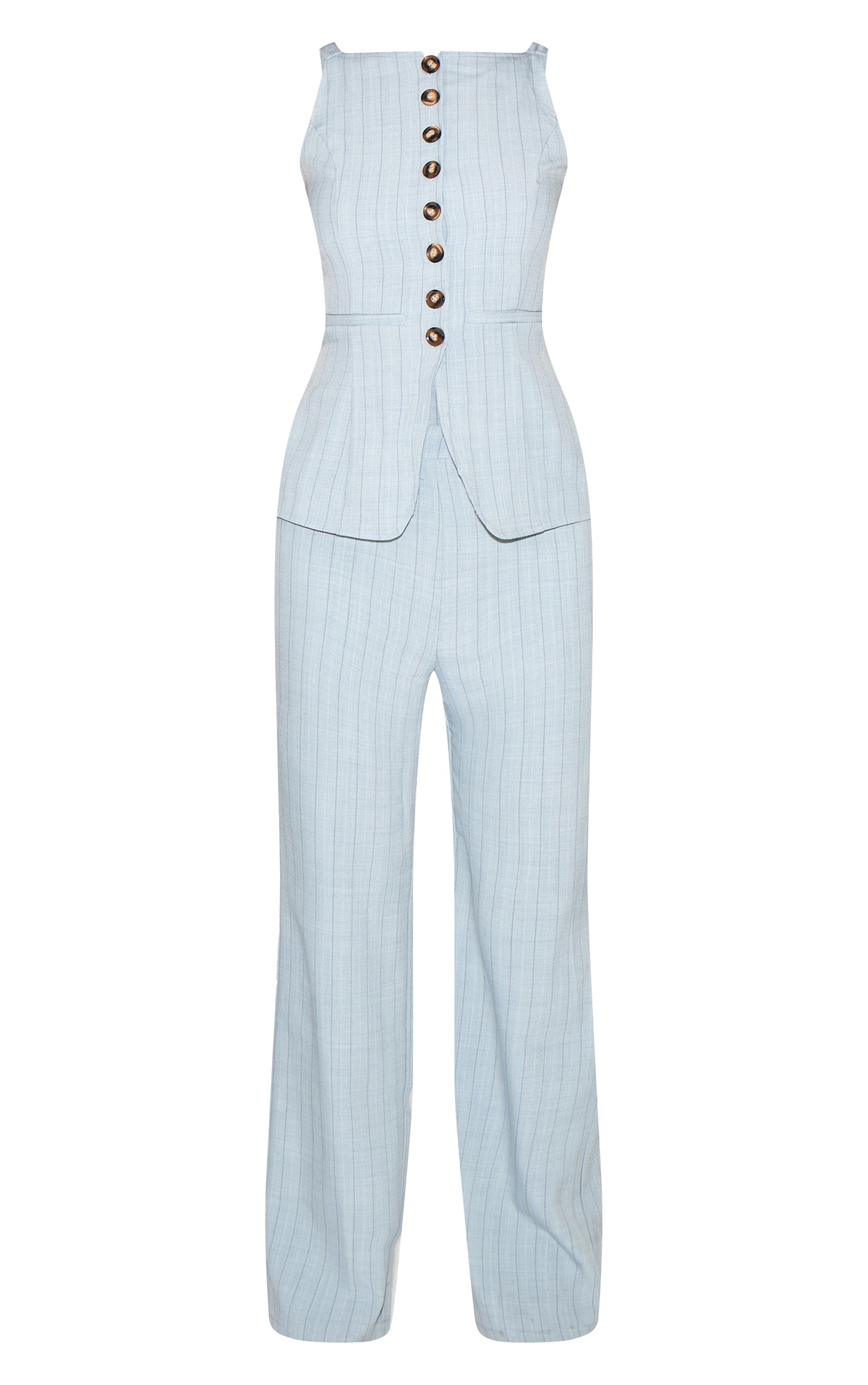 Blue Pinstripe Linen Down Peplum Hem Jumpsuit | Dresses | PLT USA