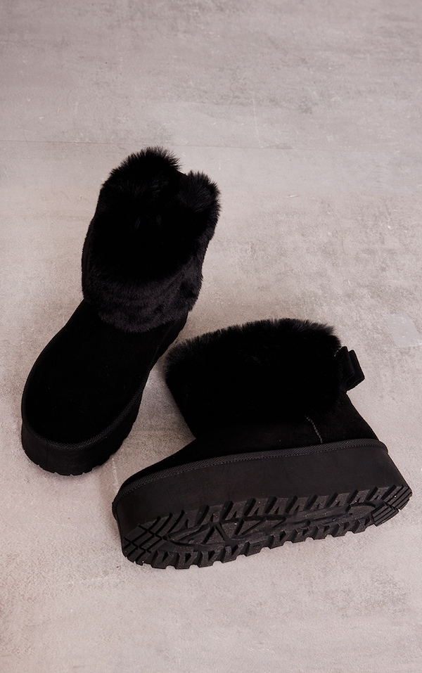 Black Contrast Bow Cleated Ankle Platform Boots | Footwear ...