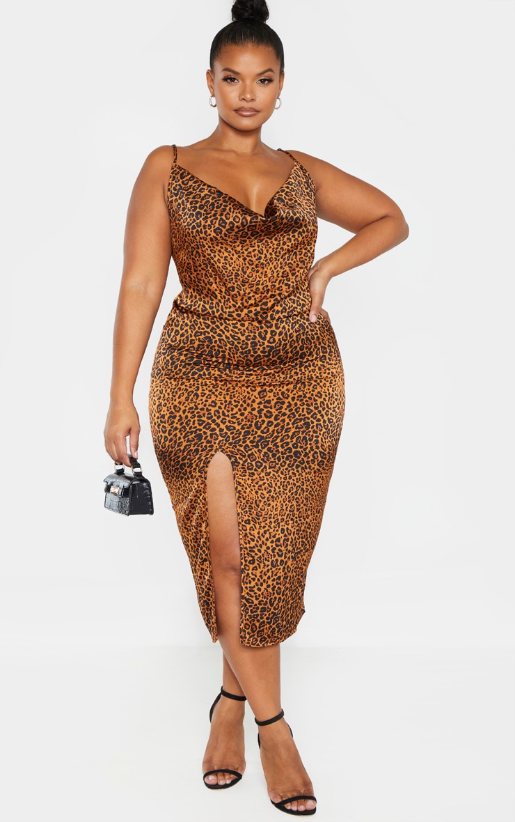 Plus Leopard Print Strappy Satin Cowl Midi Dress | Plus Size ...