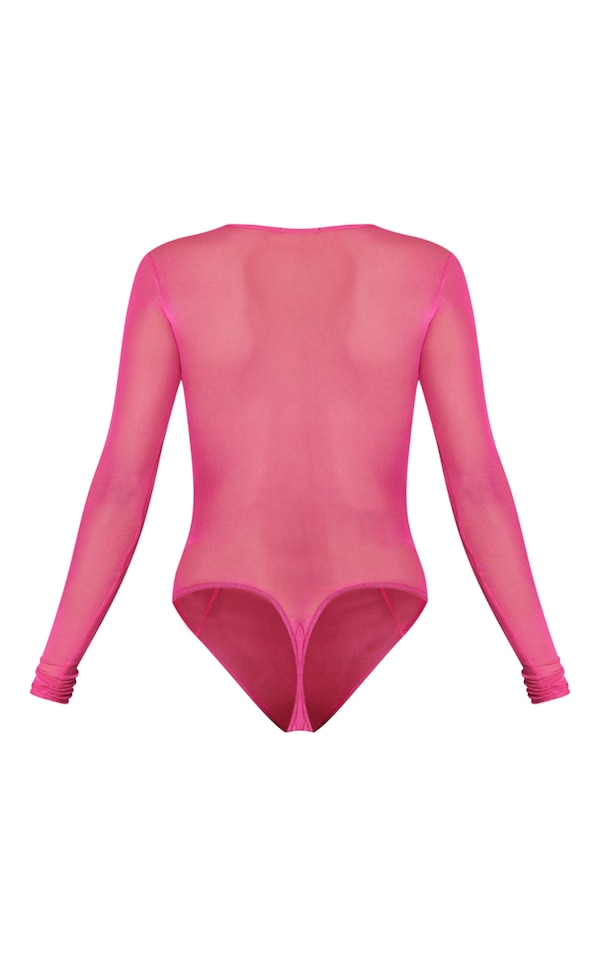 Hot Pink Mesh Paneled Sheer Long Sleeve Bodysuit | Co-ords | PLT