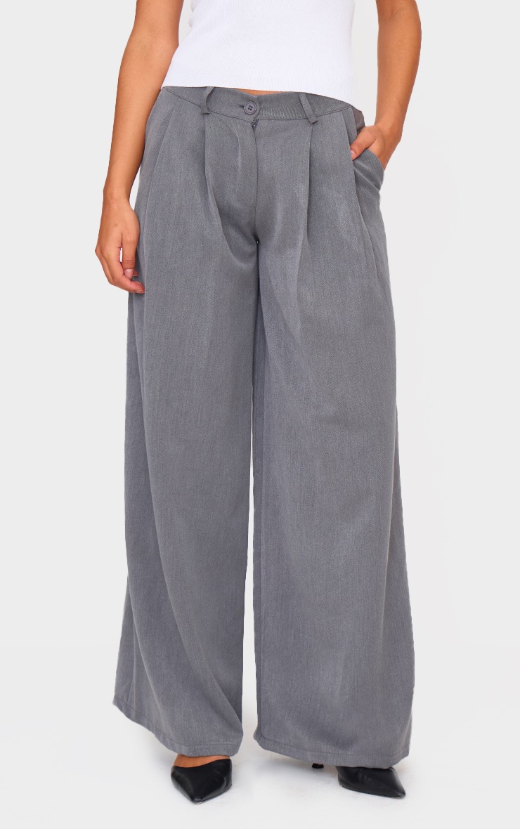 Charcoal Mid Rise Wide Leg Woven Trousers | Bottoms | PLT