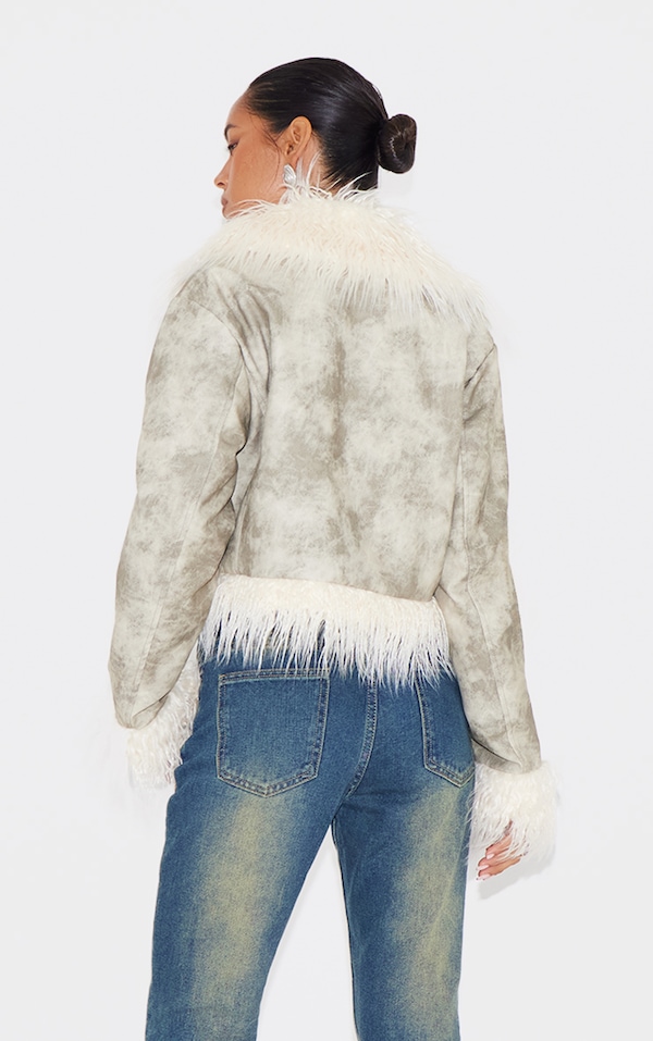 Grey Distressed PU Faux Fur Cuff And Collar Jacket | Outerwear ...