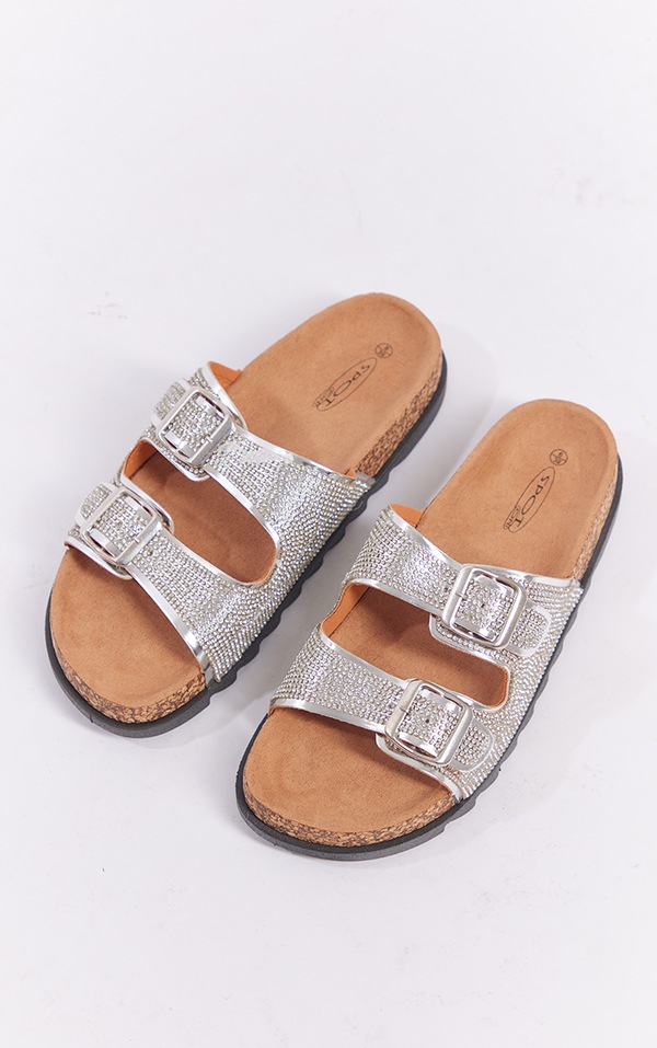 Silver Diamante Buckle Footbed Sliders | Footwear | PrettyLittleThing AUS