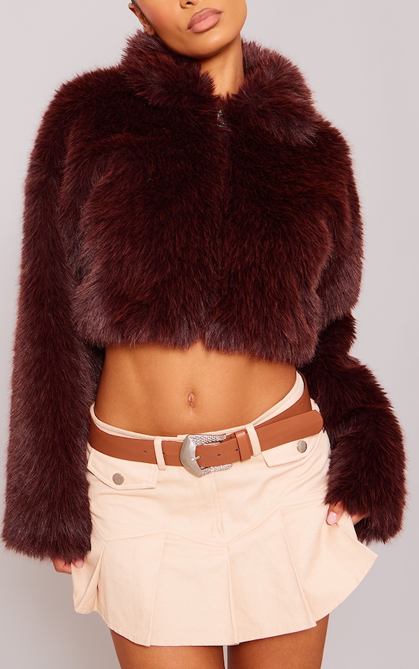 Chocolate Faux Fur Cropped Zip Up Jacket | Outerwear | PLT