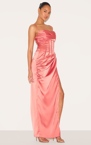 Coral Draped Corset Ruffle Gathered Dress | Dresses | PrettyLittleThing USA