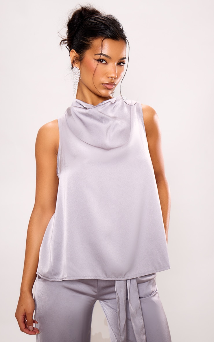 Silver Grey Satin Open Back Longline Top | Co-ords | PrettyLittleThing USA