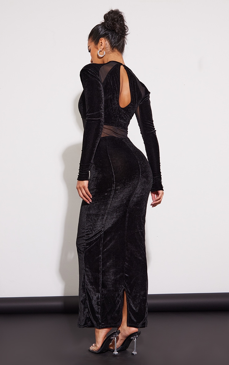 Robe longue en velours noir à empiècement en mesh et col montant ...