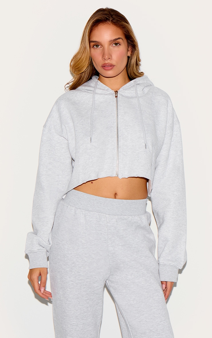 Grey Cropped Oversized Zip Up Hoodie | Sweat | PrettyLittleThing CA