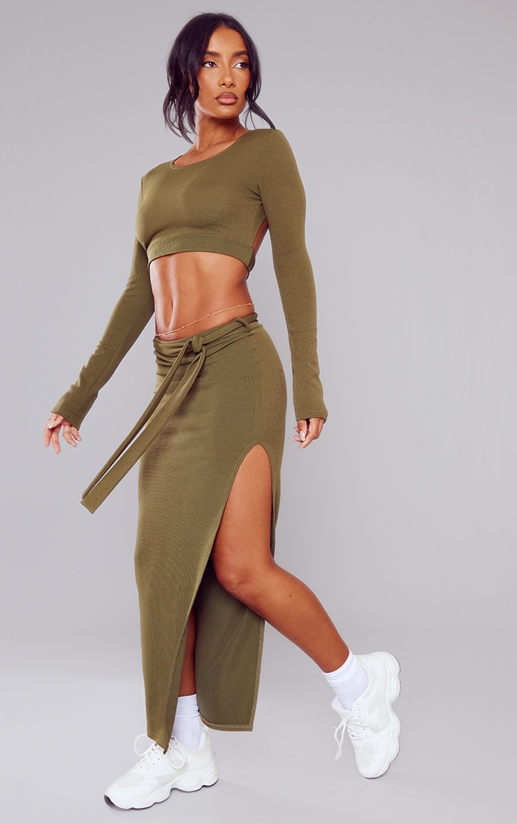 Khaki Stretch Rib Tie Waist Midaxi Skirt | Co-ords | PLT USA