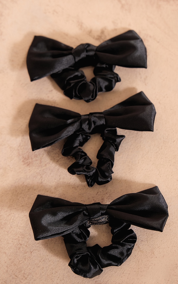 Black Satin Three Pack Bow Scrunchie | Accessories | PrettyLittleThing CA