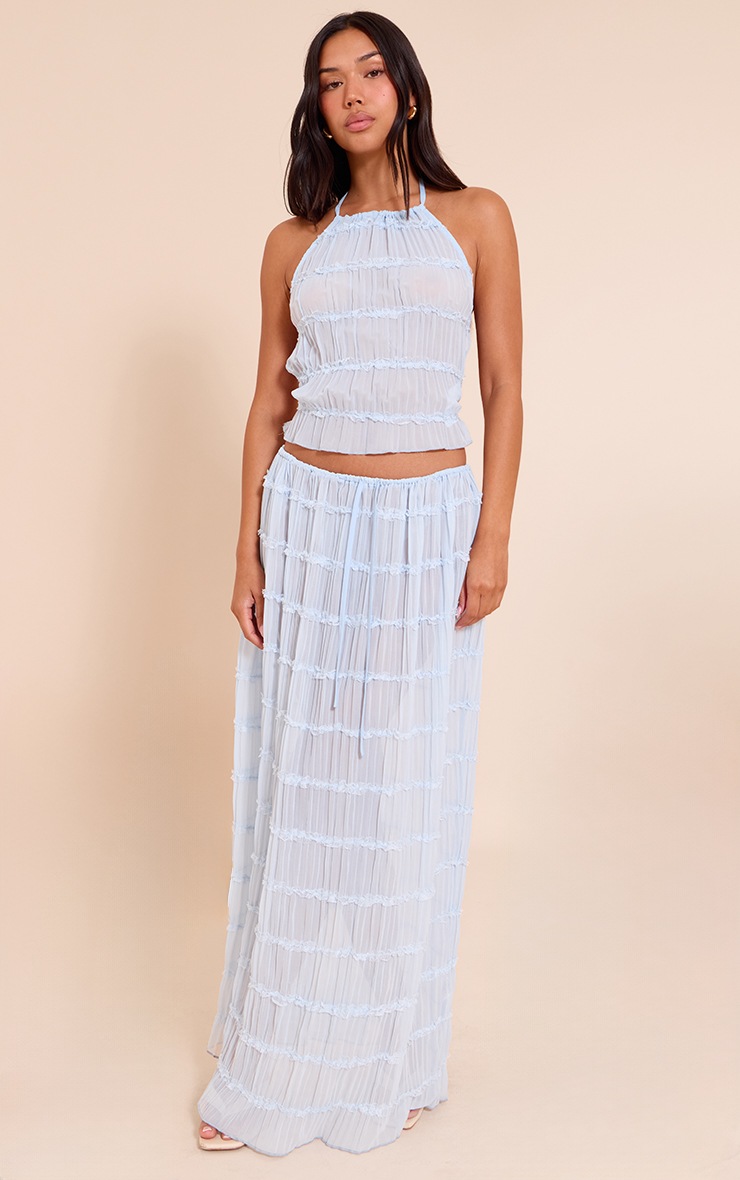 Light Blue Chiffon Ruched Frill Halterneck Top | Co-ords | PLT