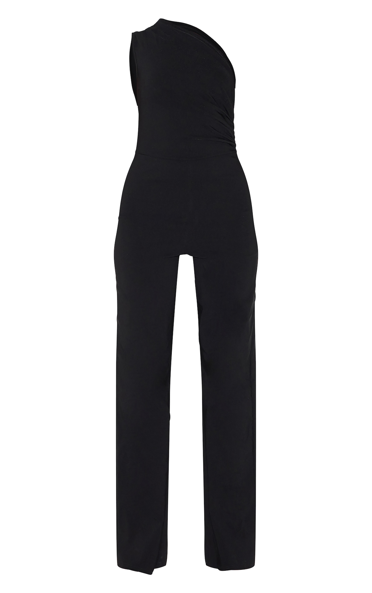 Black Stretch Woven One Shoulder Flare Jumpsuit | Dresses | PLT