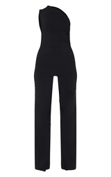 Black Stretch Woven One Shoulder Flare Jumpsuit | Dresses | PLT
