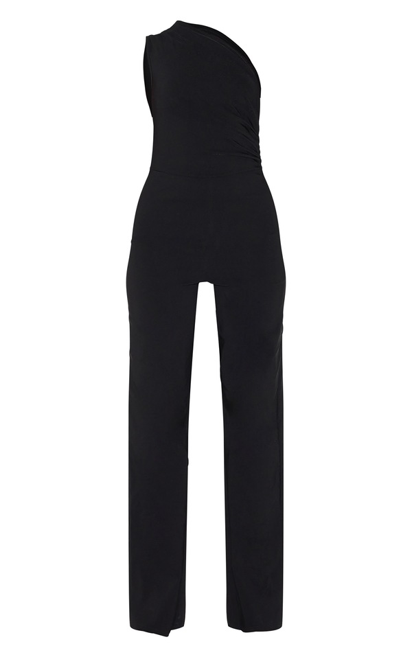 Black Stretch Woven One Shoulder Flare Jumpsuit | Dresses | PLT