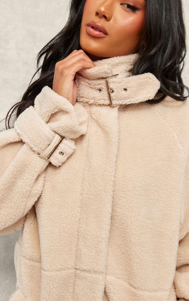 Beige Borg Slouchy Belted Hem Jacket | Outerwear | PrettyLittleThing USA