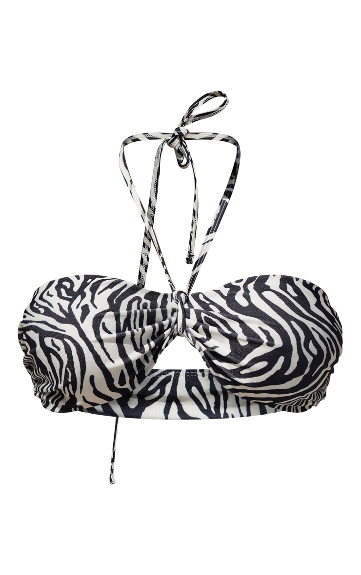 Zebra Print Tie Neck Ruched Bikini Top | PrettyLittleThing USA